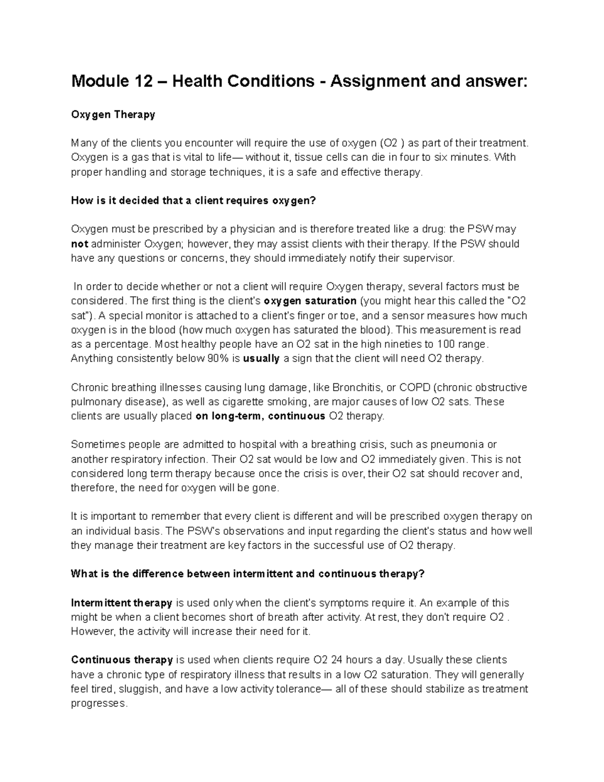 Module 12 – Health Conditions: O2 Therapy Assignment and Insights - Studocu