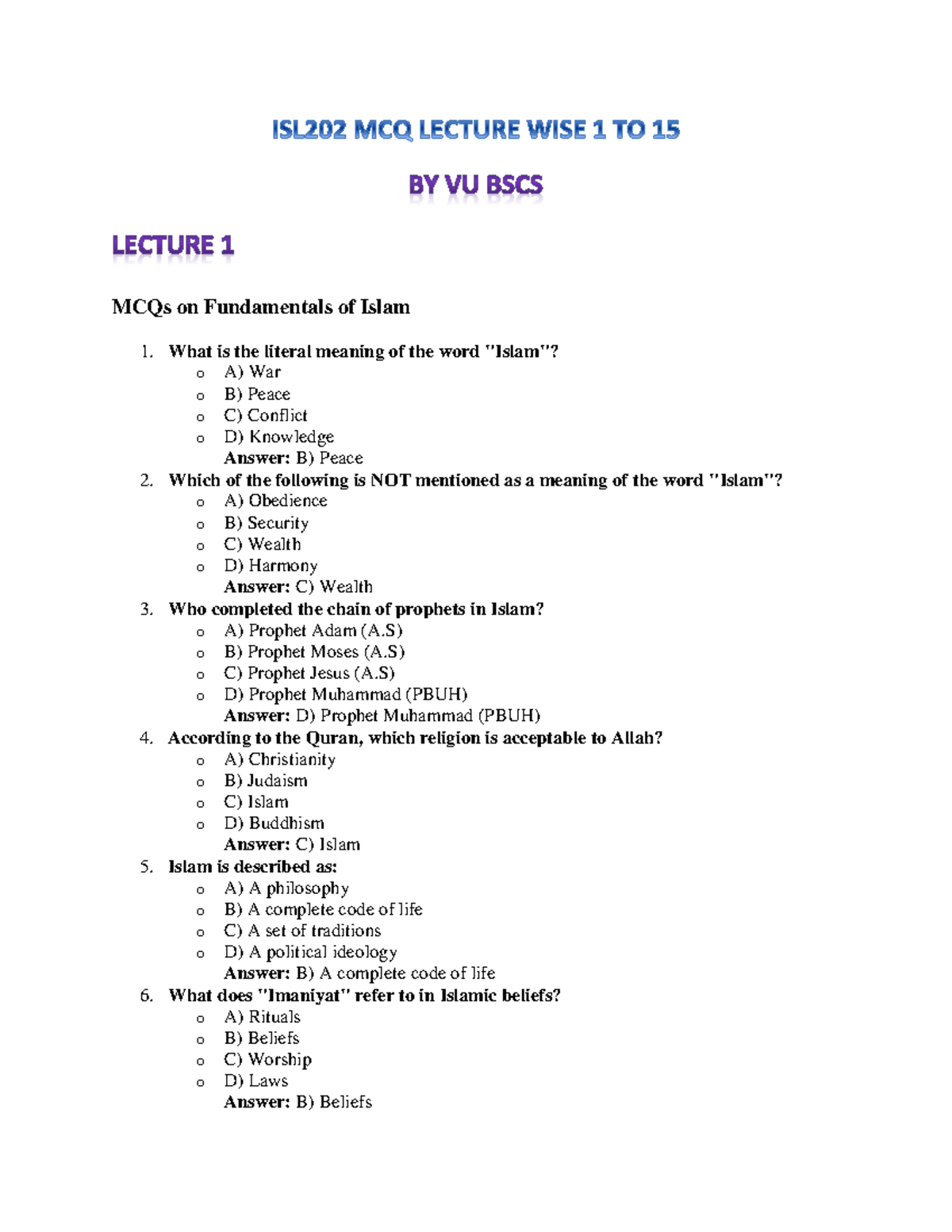 ISL 202 Multiple Choice Questions (MCQs) on Islam: Lectures 1 to 15 - Studocu