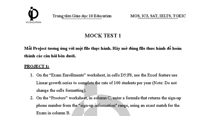 Mock Test 1 - Excel Projects for MOS, IC3, SAT, IELTS, TOEIC - Studocu
