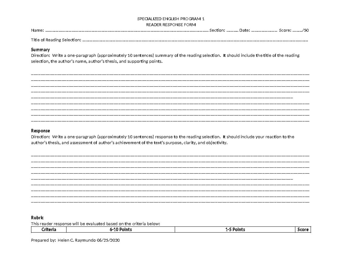Reader Response Form with Rubric - SPECIALIZED ENGLISH PROGRAM 1 READER ...