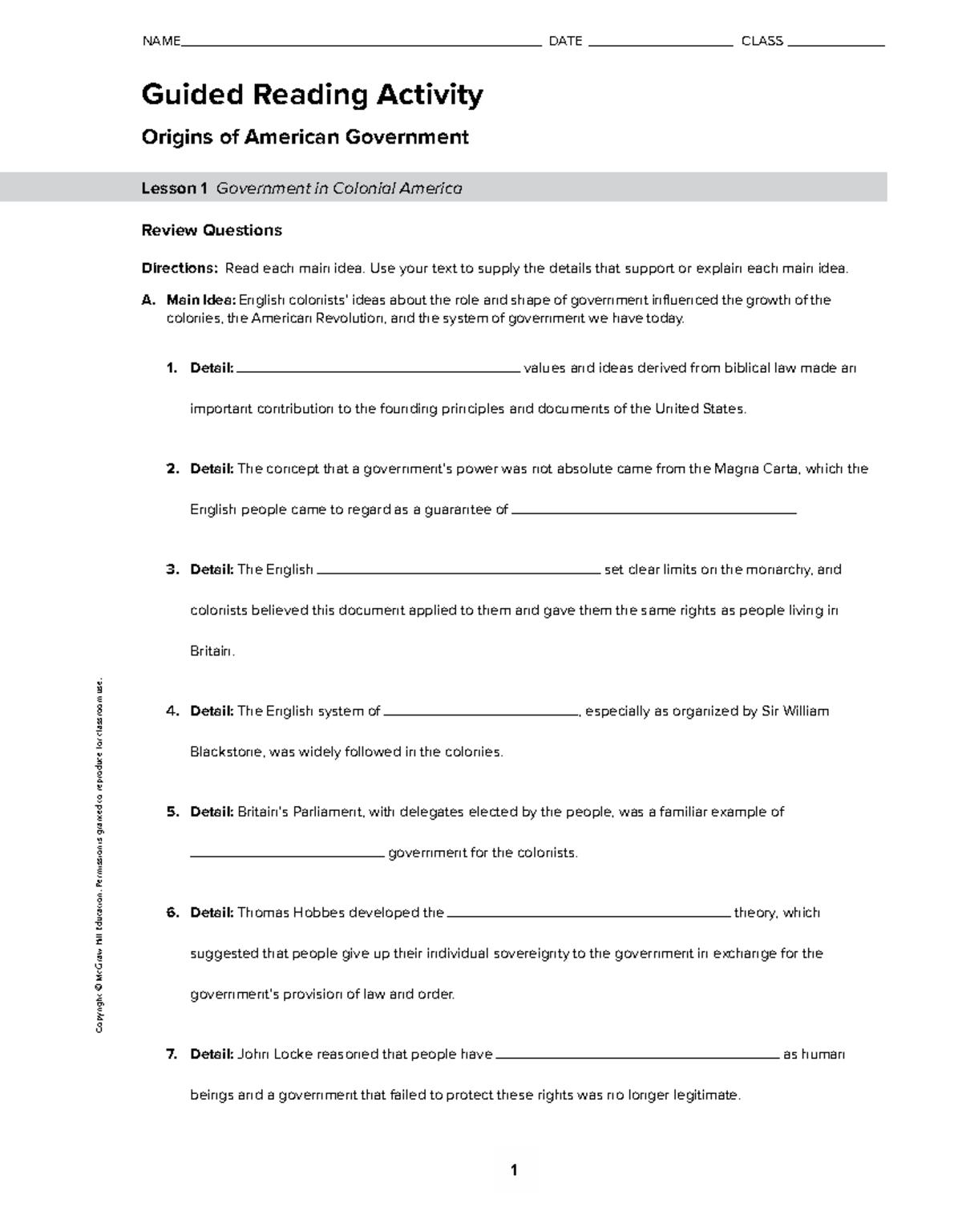 Ch. 2 Lesson 1 WS: Origins of American Government Guided Activity - Studocu