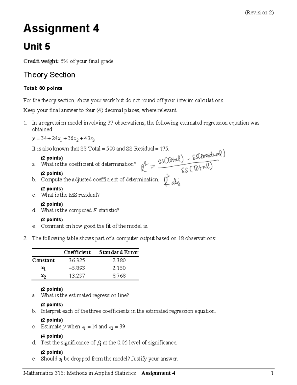 Mathematics 315: Methods in Applied Statistics Assignment 4 Revision 2 ...