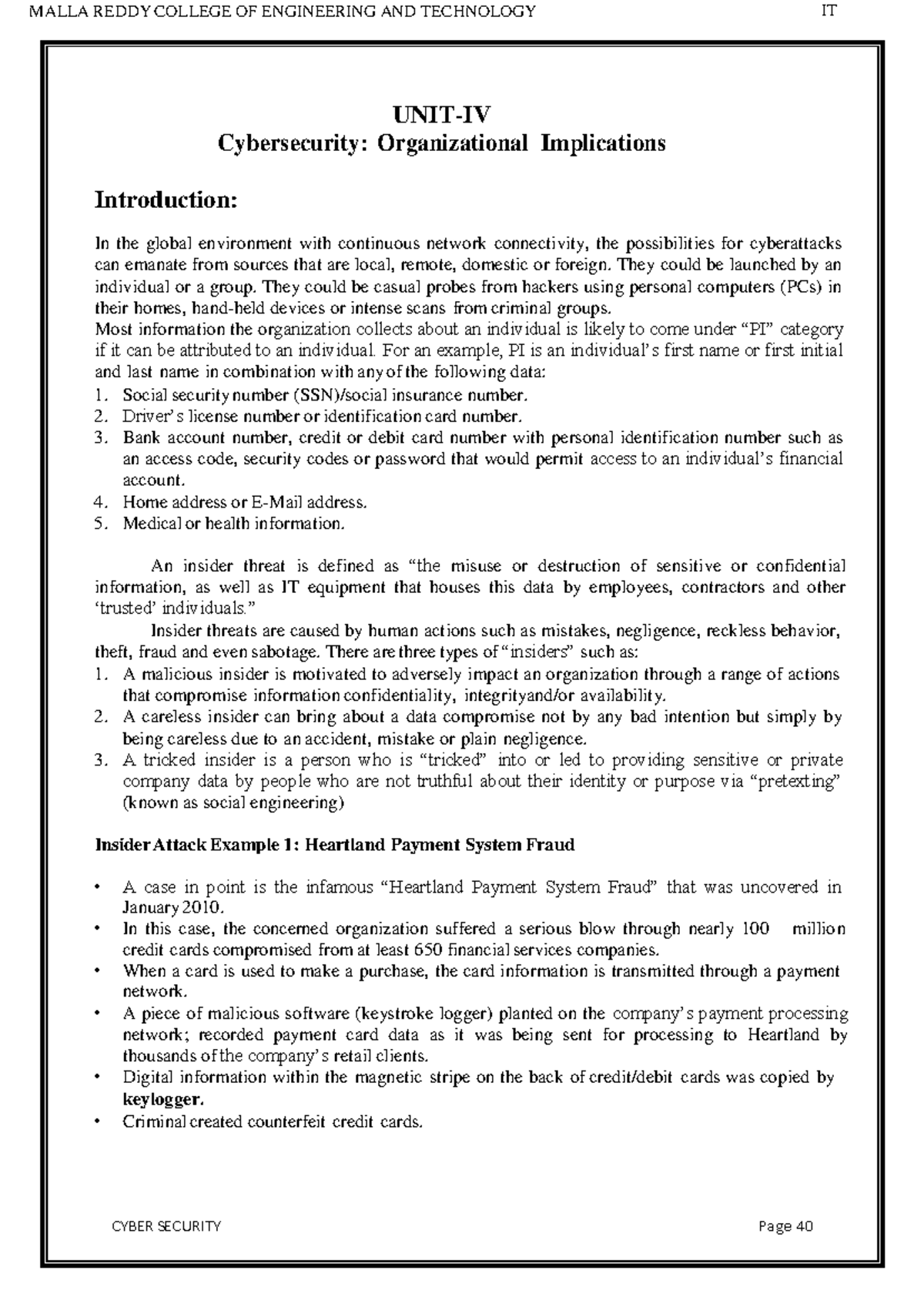 CS 101: Unit 4 - Cybersecurity Insights and Organizational Practices ...