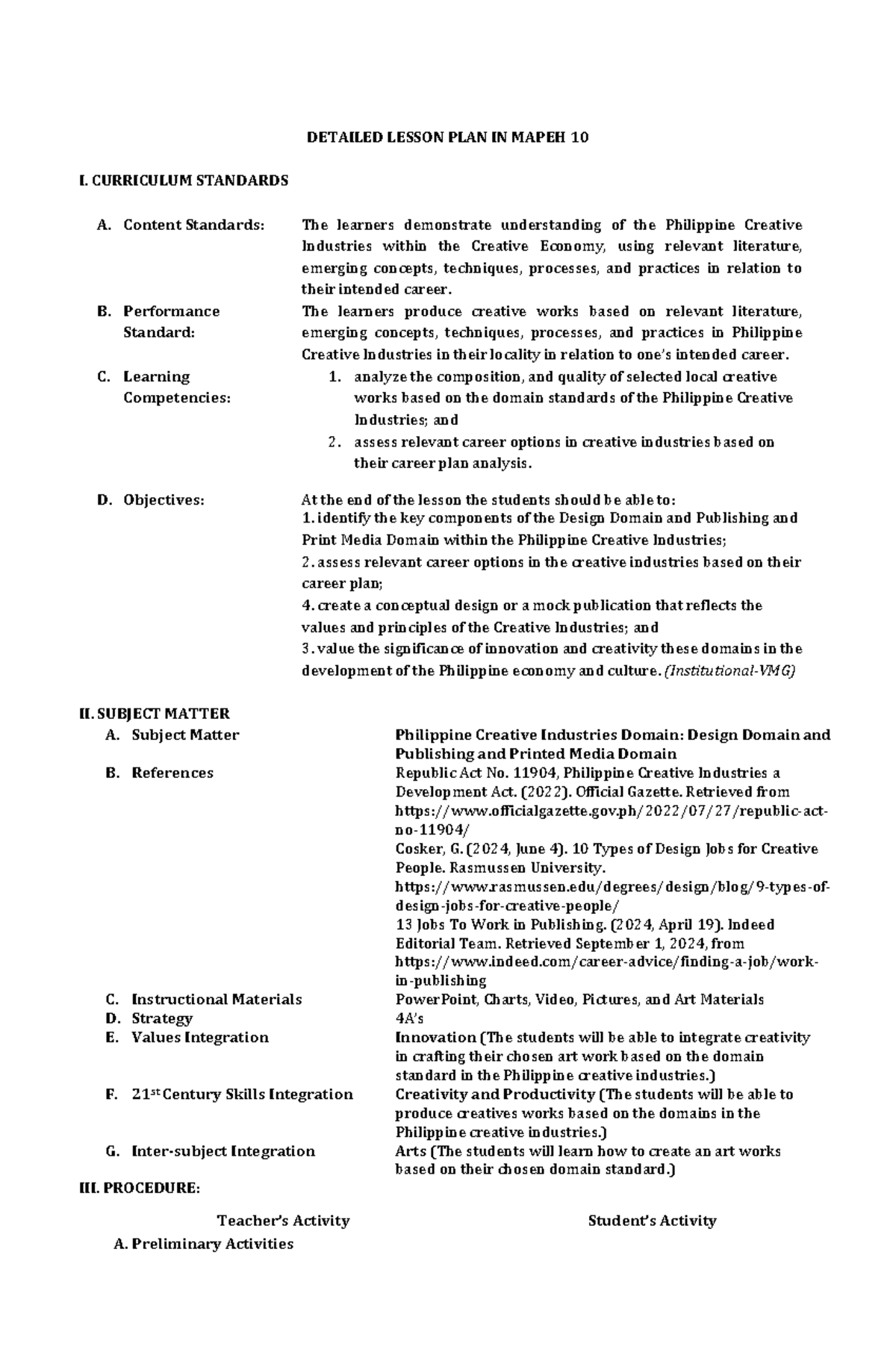 Detailed Lesson Plan in MAPEH 10: Creative Industries Integration - Studocu