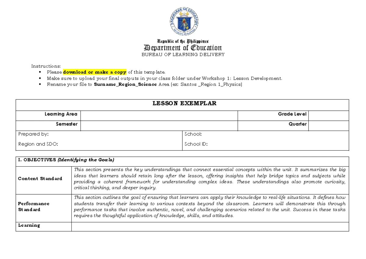 Lesson Plan Template for NEAP Training: Objectives & Procedures - Studocu