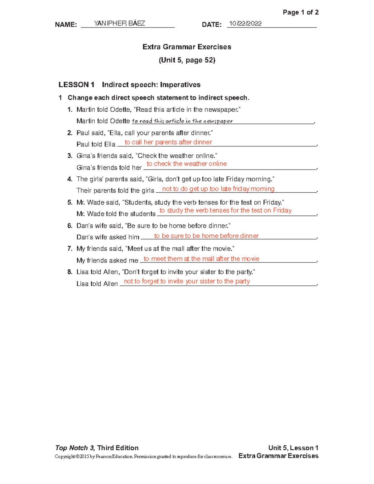 Top Notch 3 Unit 05 Extra Grammar Exercises and Indirect Speech Guide - Studocu