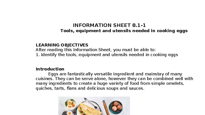 INFO Sheet 1: Tools, Ingredients & Techniques for Cooking Eggs (CKY001 ...