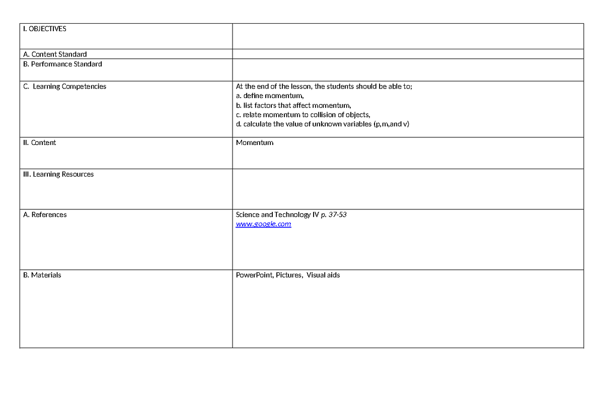 Momentum - Lesson plan for physics class (Grade 10) - Studocu