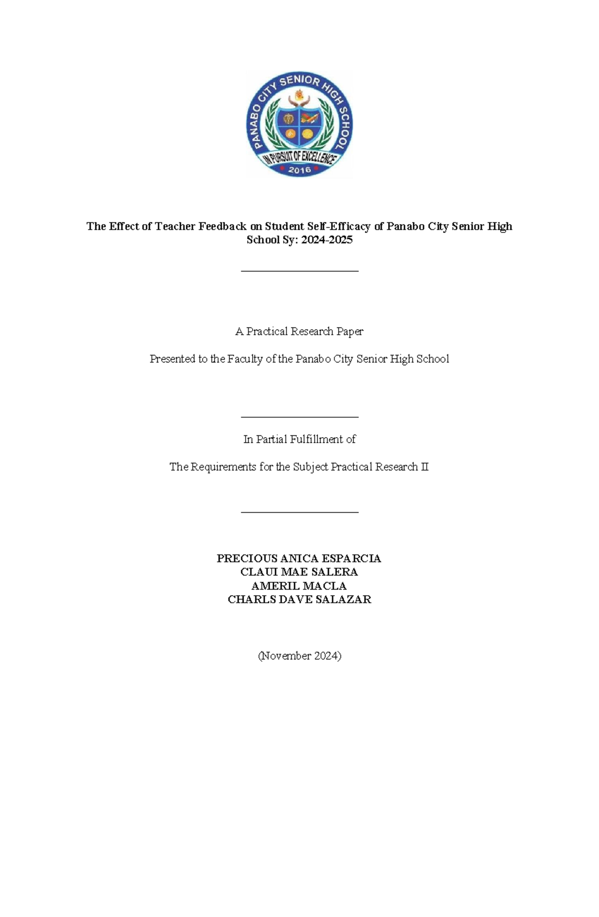 **PR-II Final Research: Impact of Teacher Feedback on Student Self ...