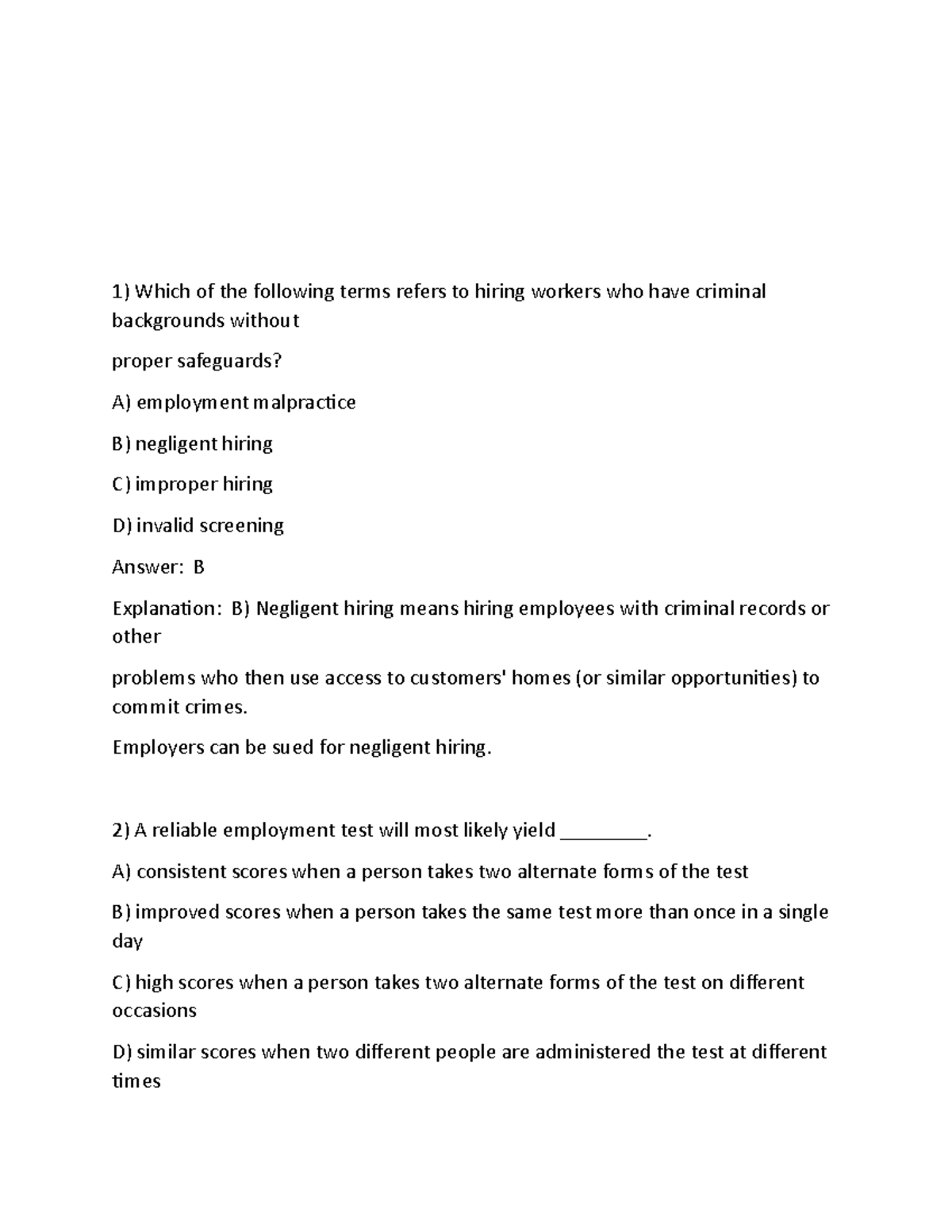 HRM Chapter 6: Quiz on Negligent Hiring and Test Reliability - Studocu