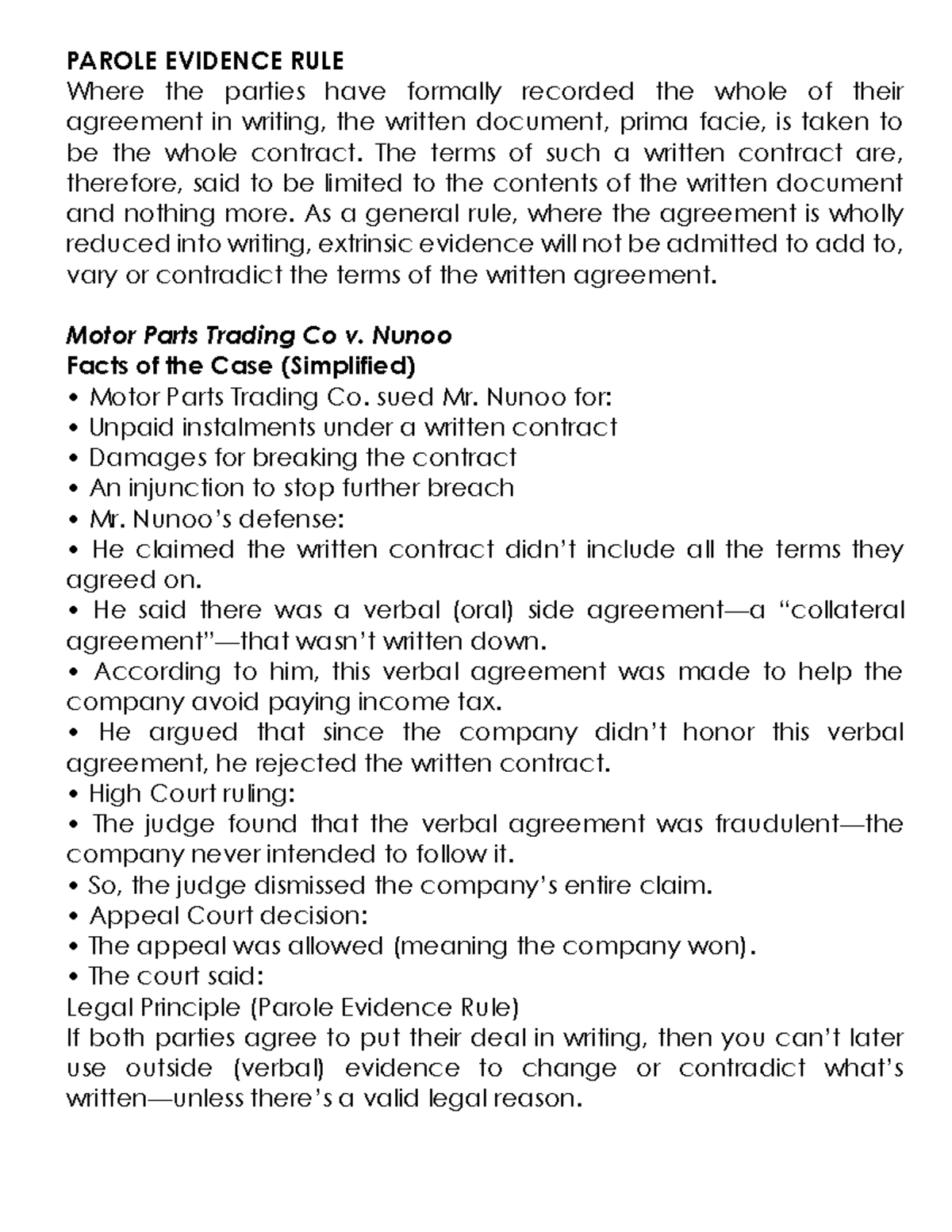 Parole Evidence Rule: Key Cases and Legal Principles Explained - Studocu