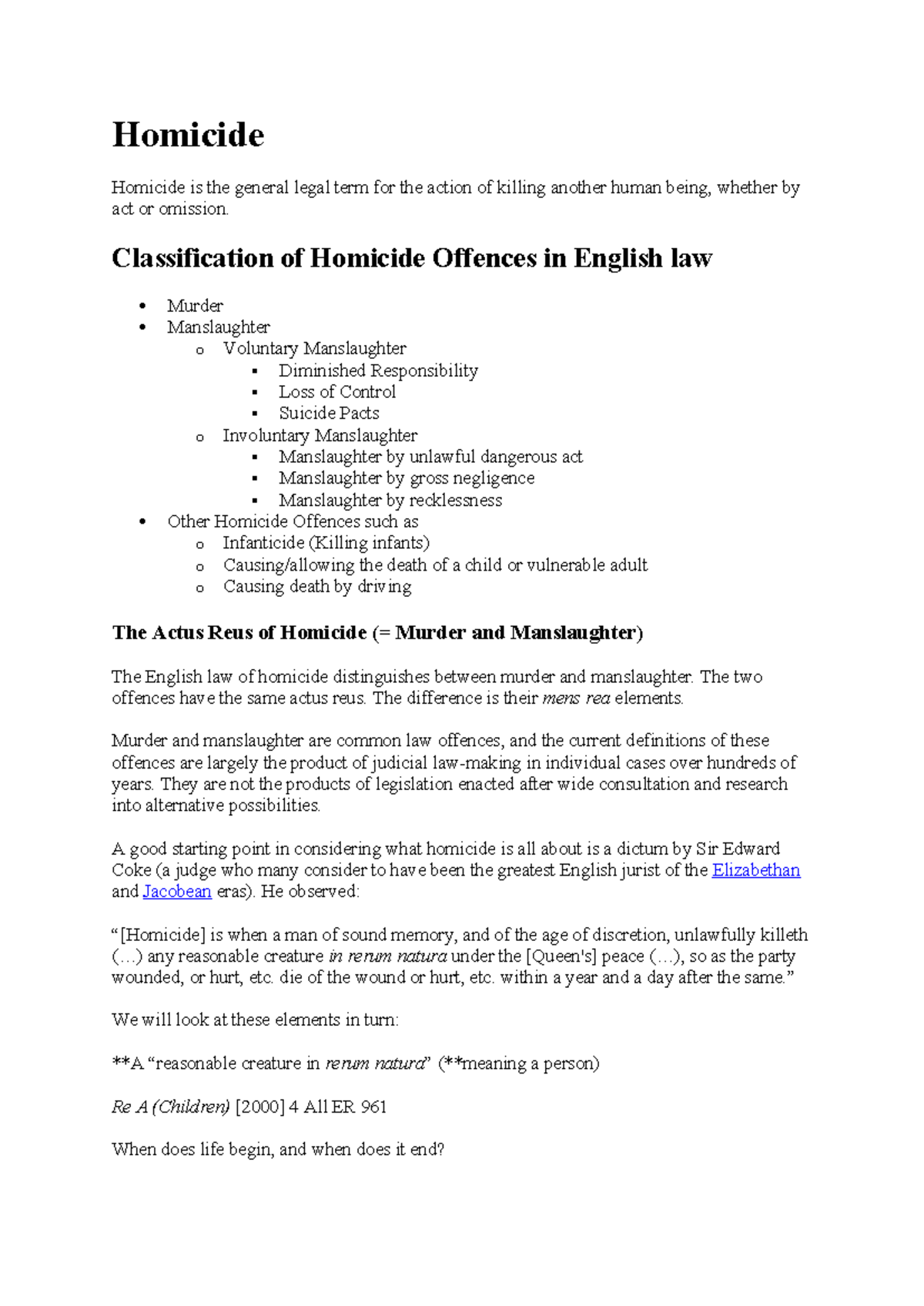 Homicide Legal Concepts and Overview - Criminal Law Notes - Studocu