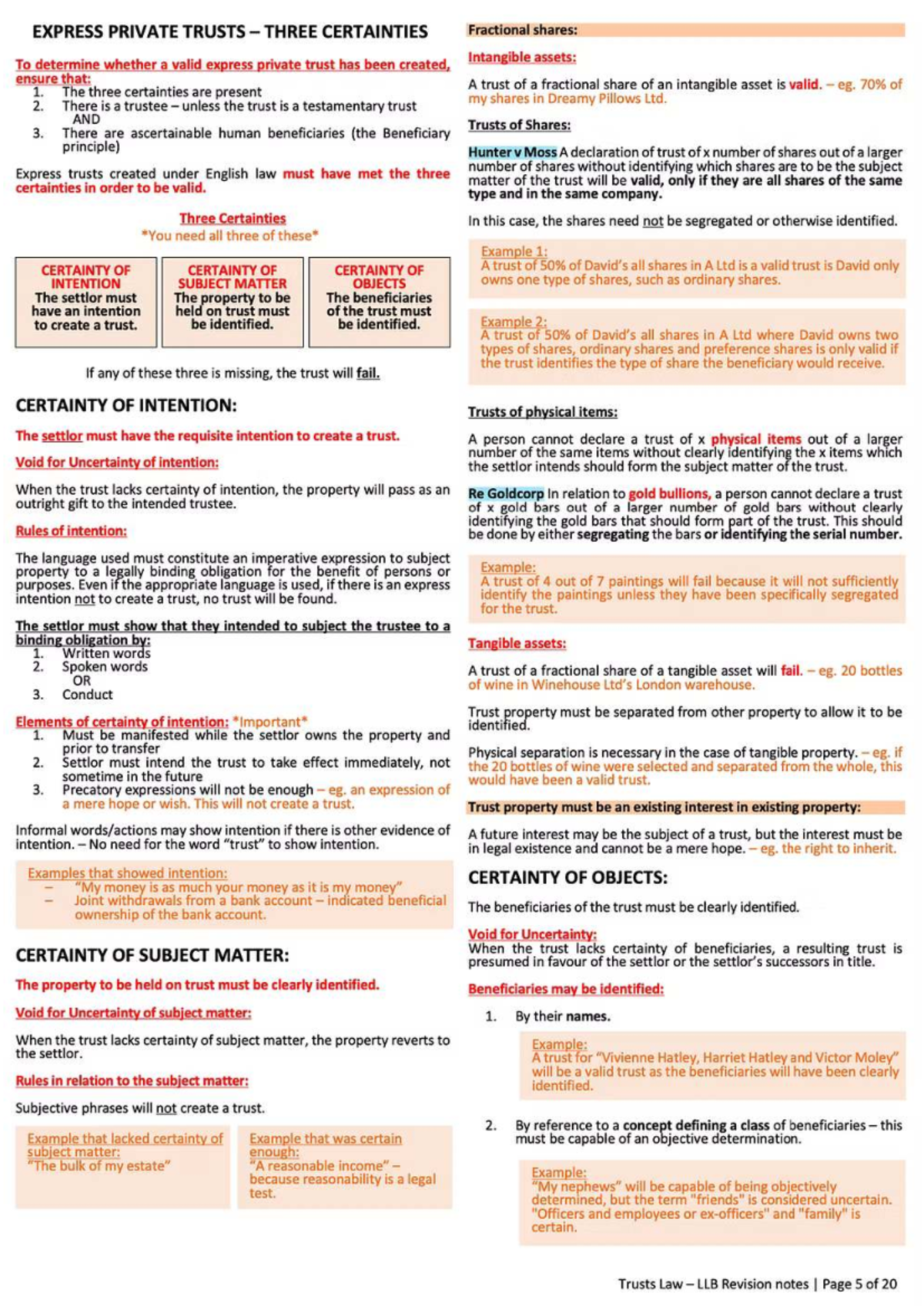 Trusts Law LLB: Overview of Express Private Trusts and Three Certainties - Studocu