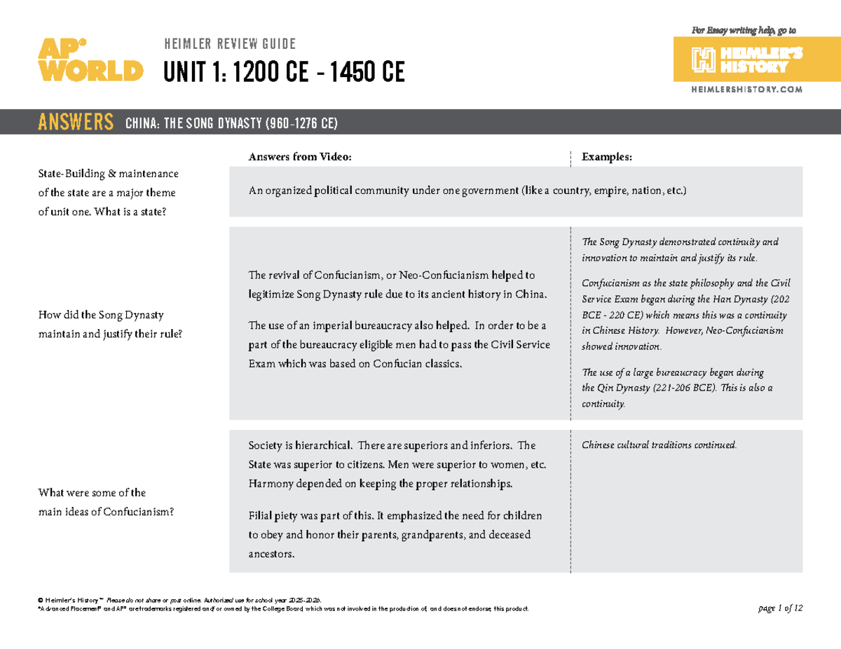AP World History Review Guide: Unit 1 (1200-1450 CE) Noteguide Answers ...