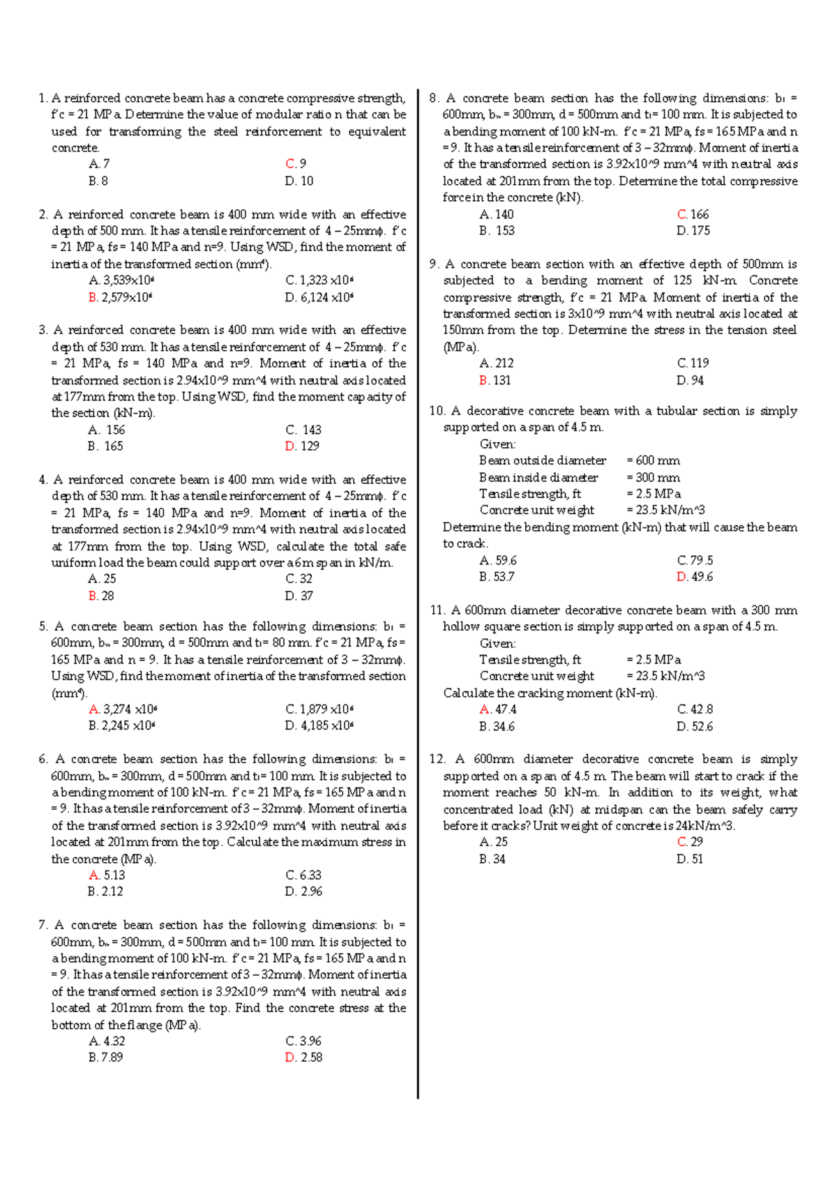 Final Exam Sample Questions for RCD 101: Reinforced Concrete Design ...