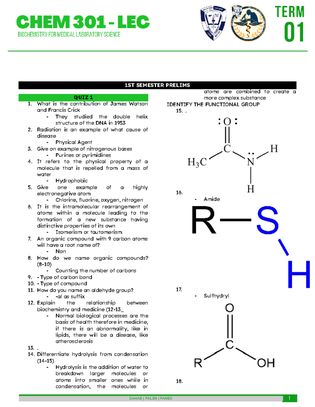 1ST SEMESTER PRELIMS CHEM 301 - LECTURE QUIZ NOTES - Studocu