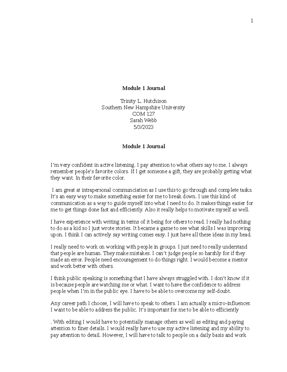 COM 127 Module 1 Reflection Journal: Communication Skills Assessment ...