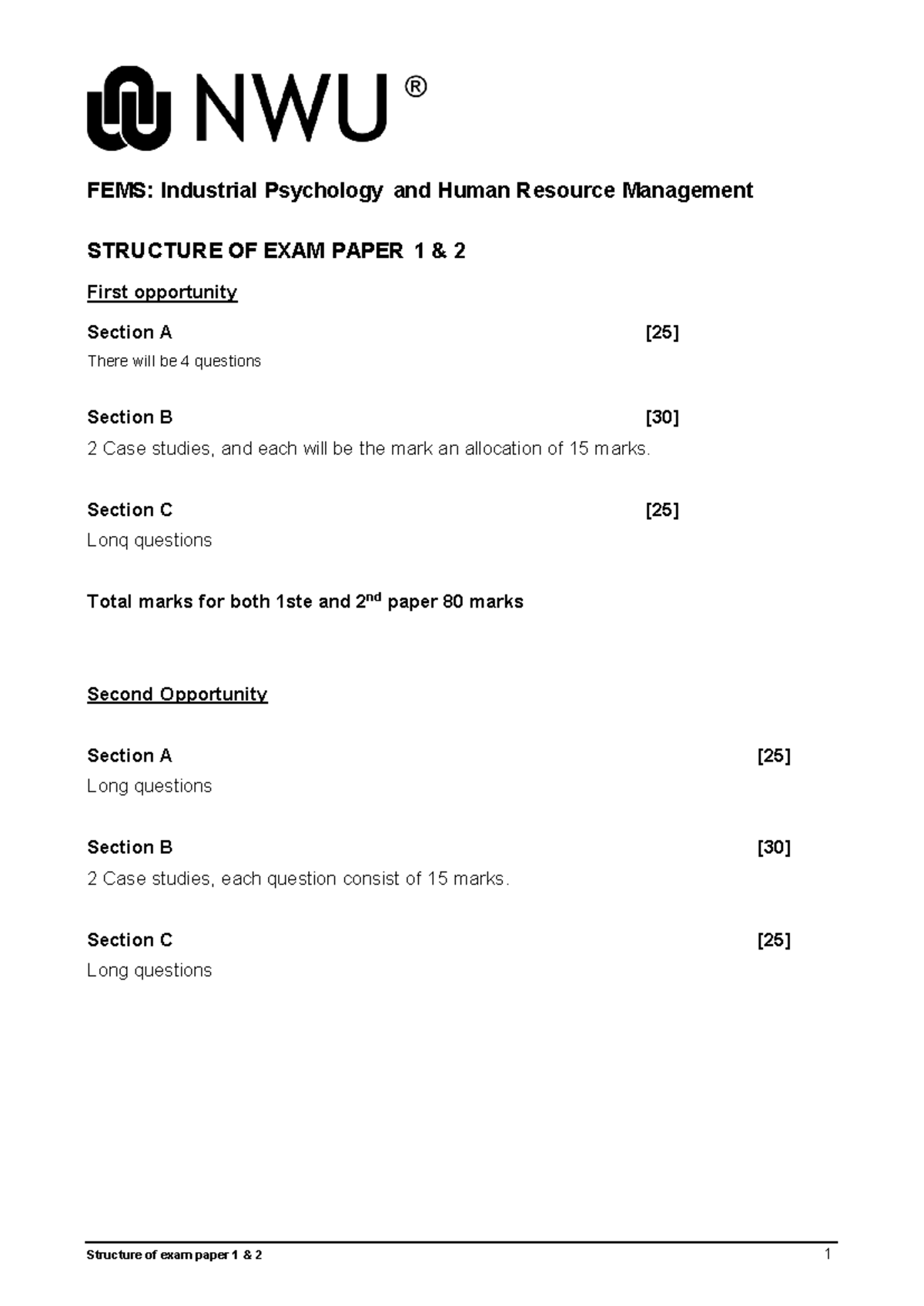 Structure of exam paper 1 2 - Section C [25] Lonq questions Total marks ...