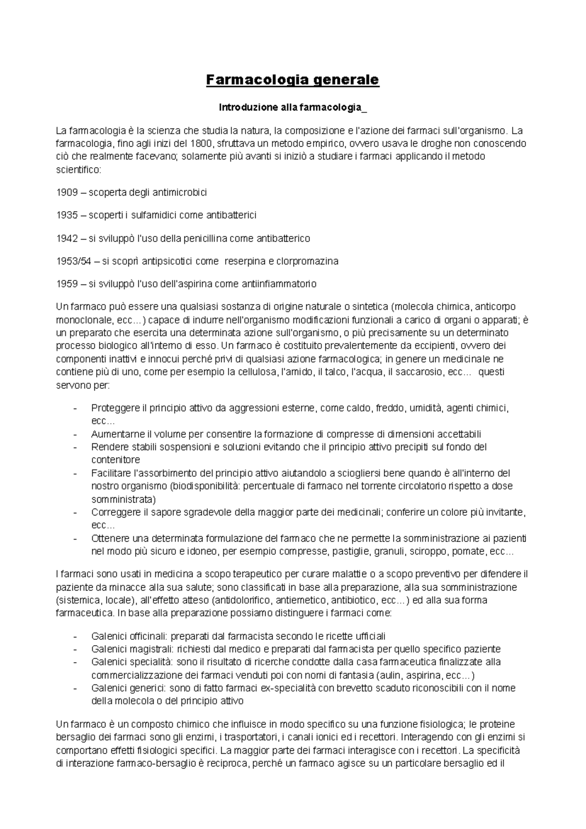 Farmacologia Generale: Introduzione e Principi Fondamentali - Studocu