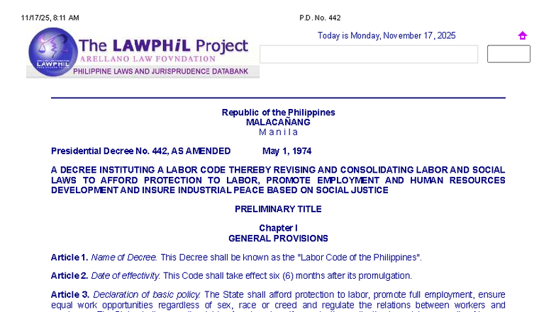 P.D. No. 442 - Comprehensive Labor Code Overview and Provisions - Studocu
