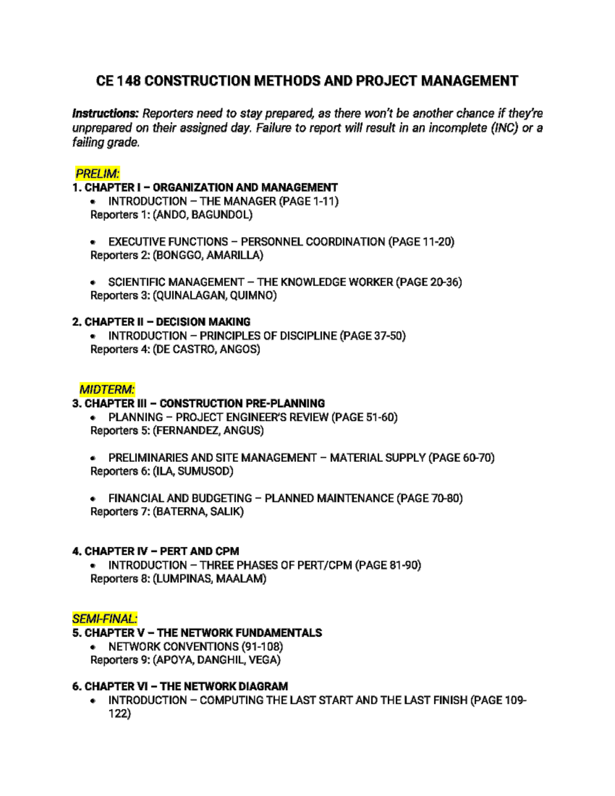 CE 148 Construction Methods & Project Management Topics and Guidelines ...