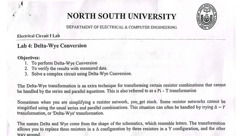 Electrical Circuit I Lab (ECE 1992): Wye-Delta Transformation and ...
