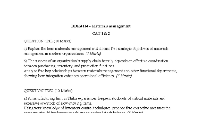 BBM4114 - Materials Management CAT 2: Key Concepts & Strategies - Studocu