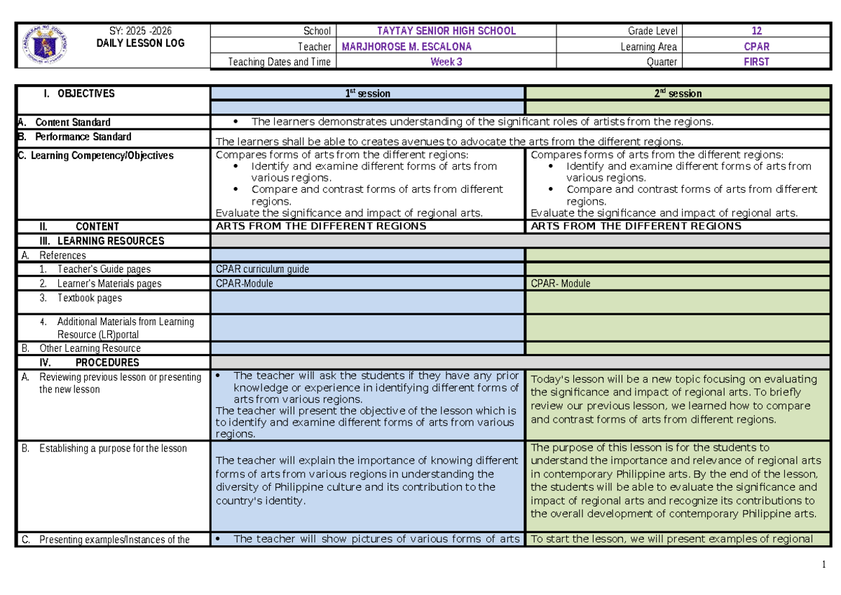 SY: 2025 DAILY LESSON LOG - WEEK 5 Overview and Activities - Studocu