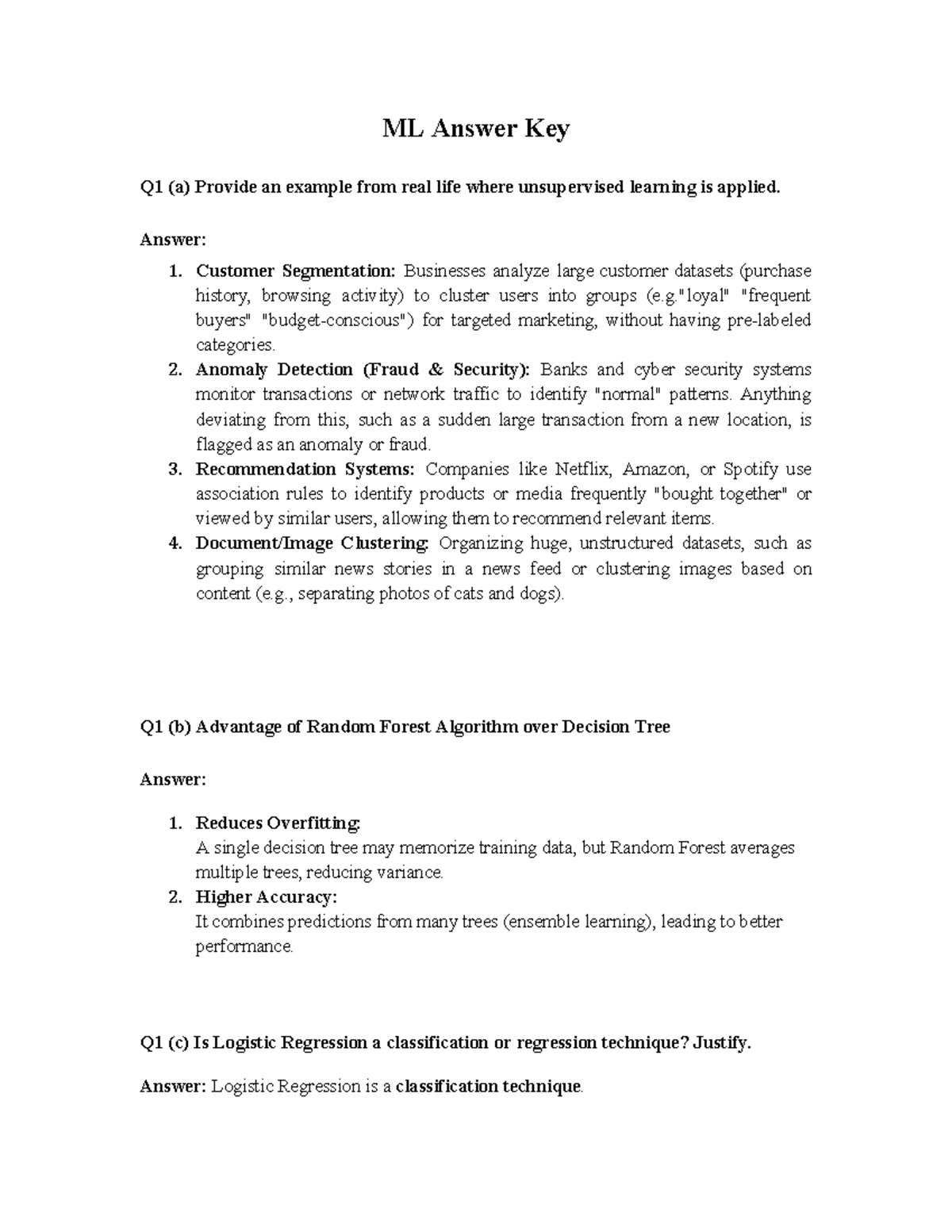 BCA Machine Learning Answer Key: Unsupervised Learning & Algorithms ...