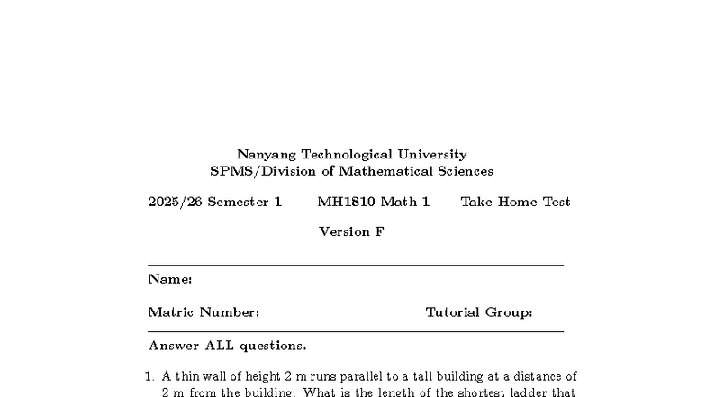 MH1810 Math 1 Take Home Test 2025 - Version F - Studocu