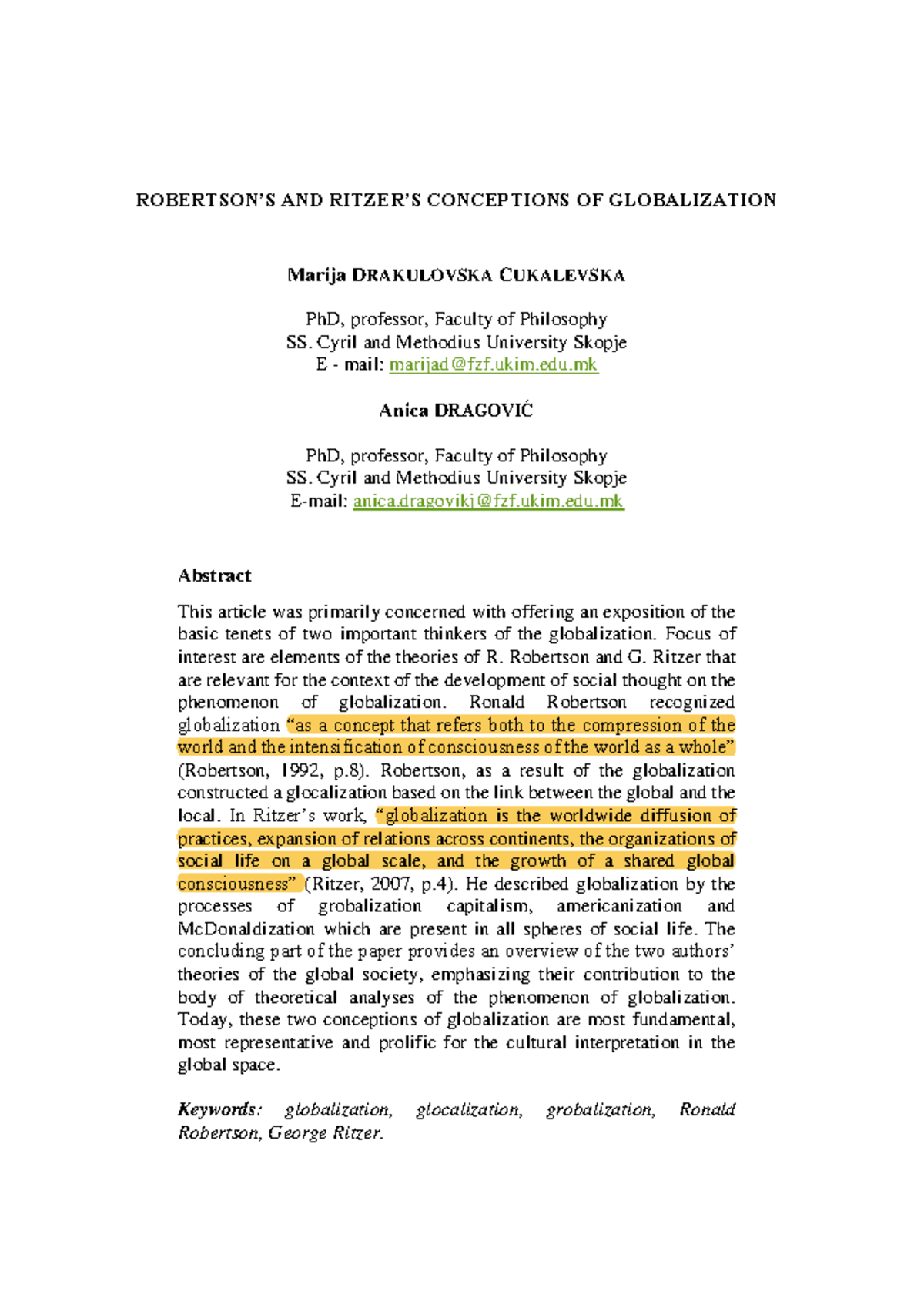 Robertson and Ritzer's Theories on Globalization: A Comparative Analysis - Studocu