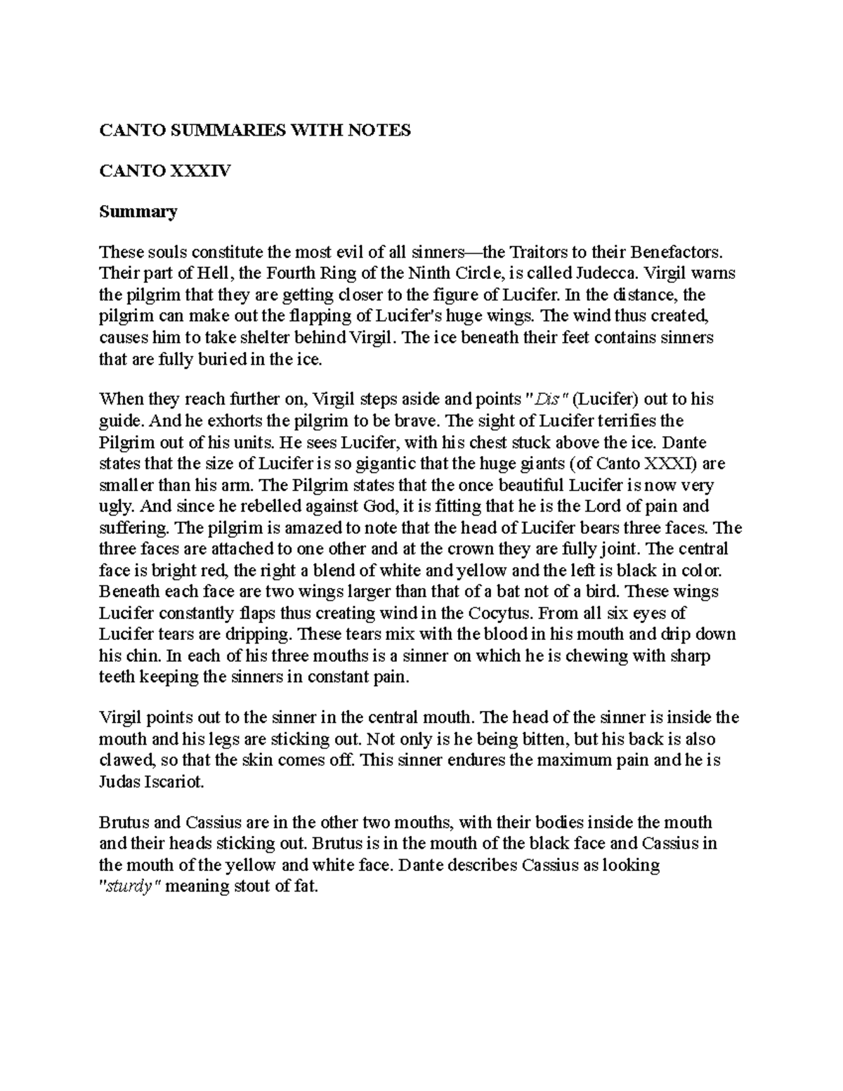 Canto XXXIV Summary & Notes - Dante's Inferno Analysis - Studocu
