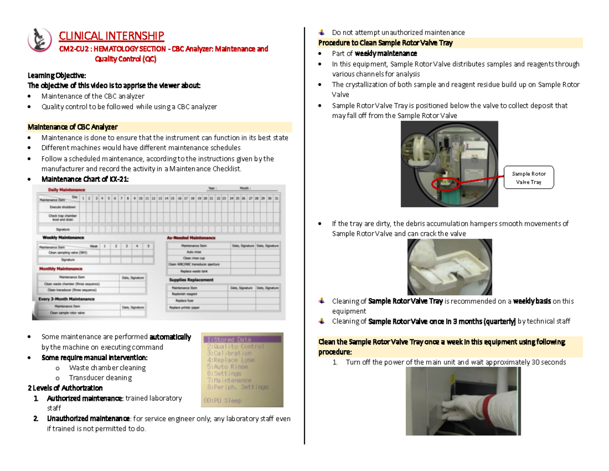 CM2-CU2 - CBC Analyzers Maintenance & QC Procedures - Study Notes - Studocu