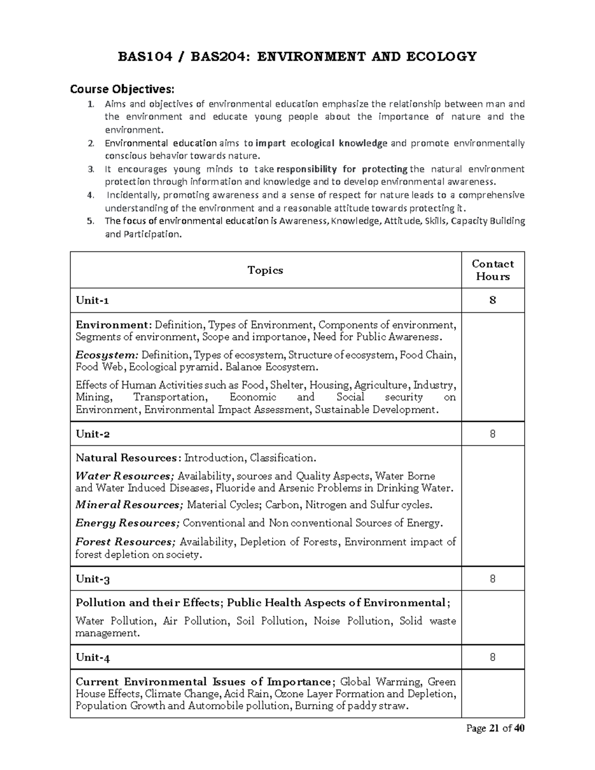 BAS104 BAS204: ENVIRONMENT AND ECOLOGY Course Syllabus Overview - Studocu