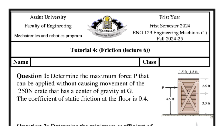 ENG 123 Tutorial 4: Friction Problems in Mechatronics - Studocu