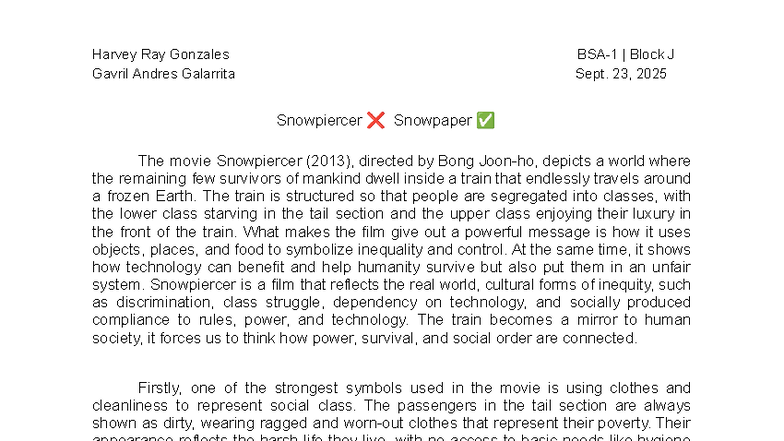 Gonzales & Galarrita: Reaction Paper on Snowpiercer's Class Struggle ...