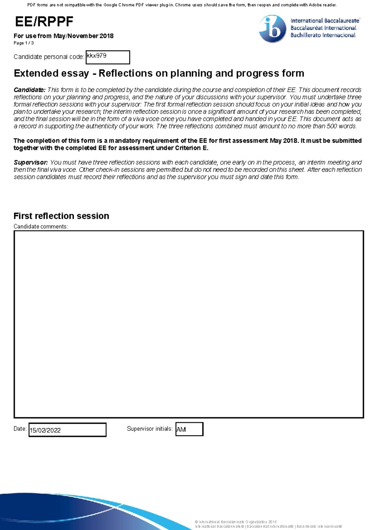Extended Essay Reflection Form (EE) - Candidate Progress Record - Studocu