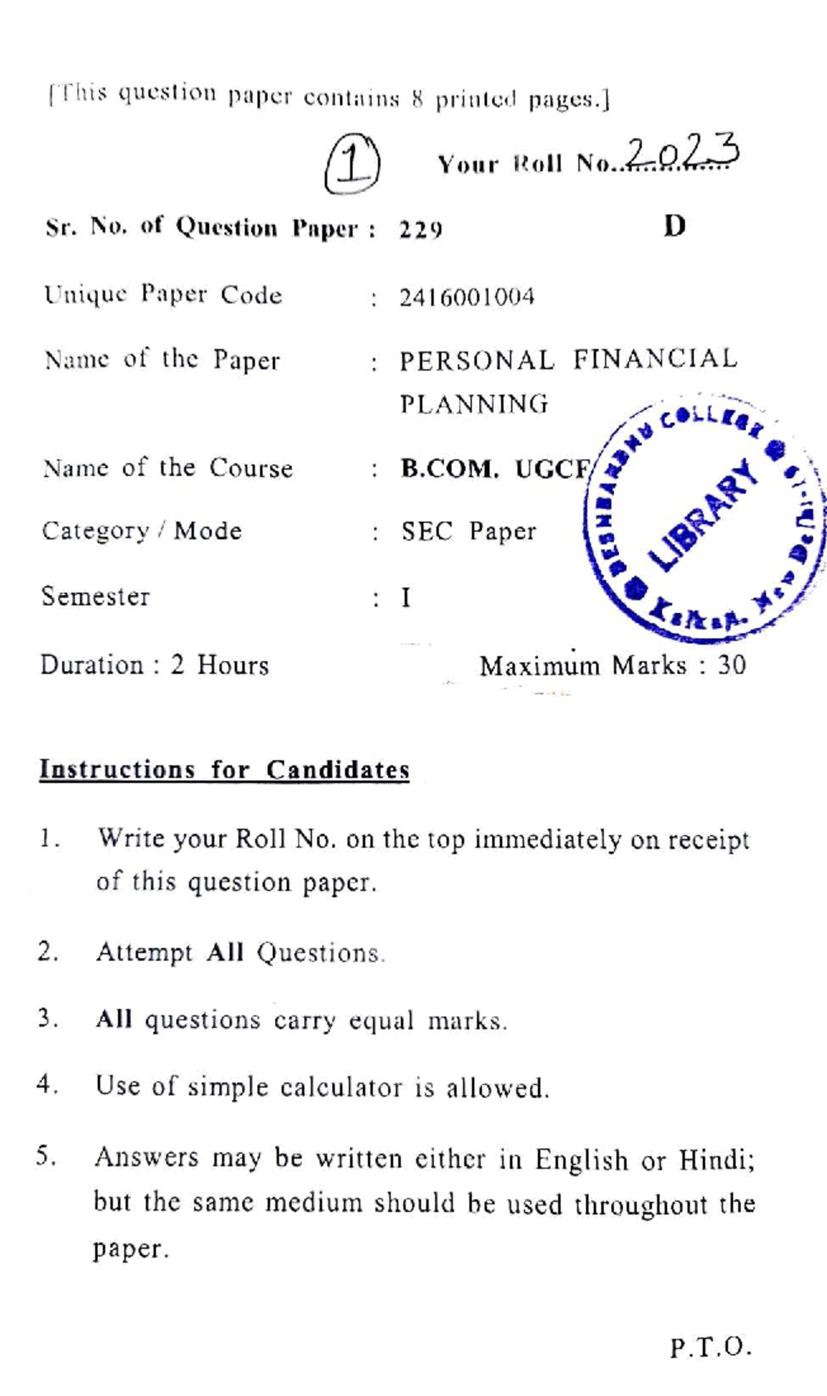 B.COM. SEC I: Personal Financial Planning Question Paper 2023 - Studocu