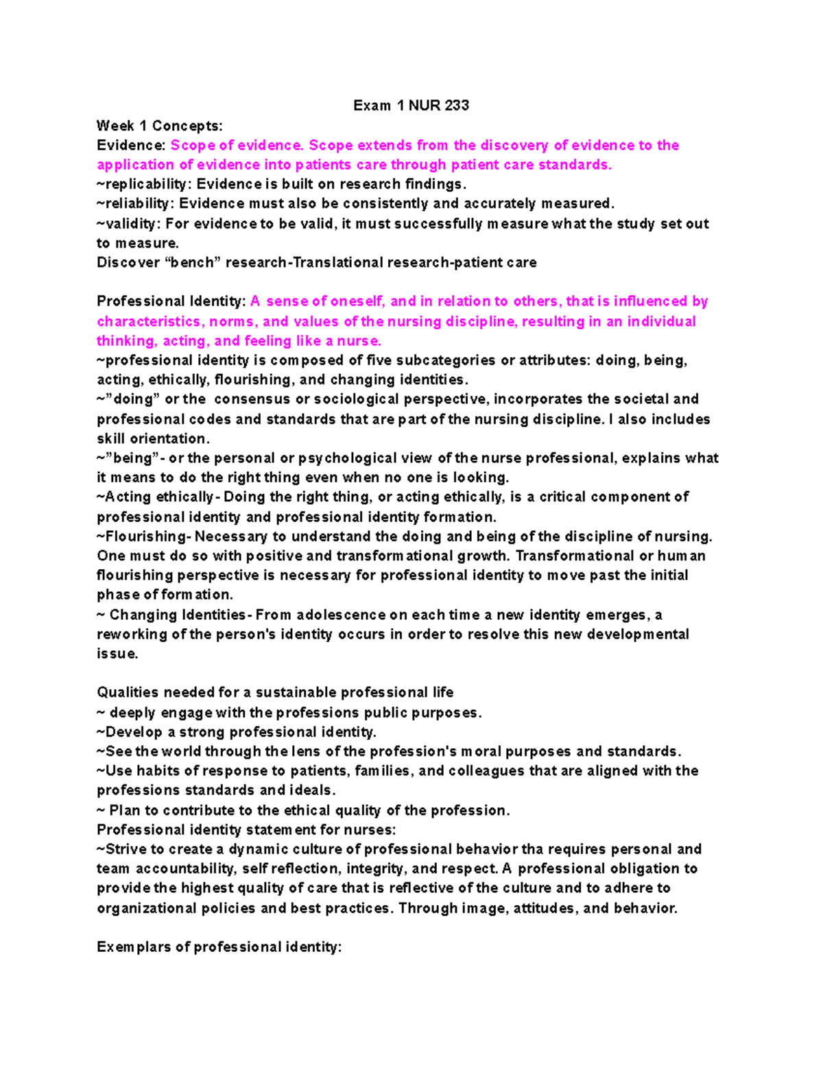 Exam 1 NUR 233 - Key Concepts in Evidence and Professional Identity ...