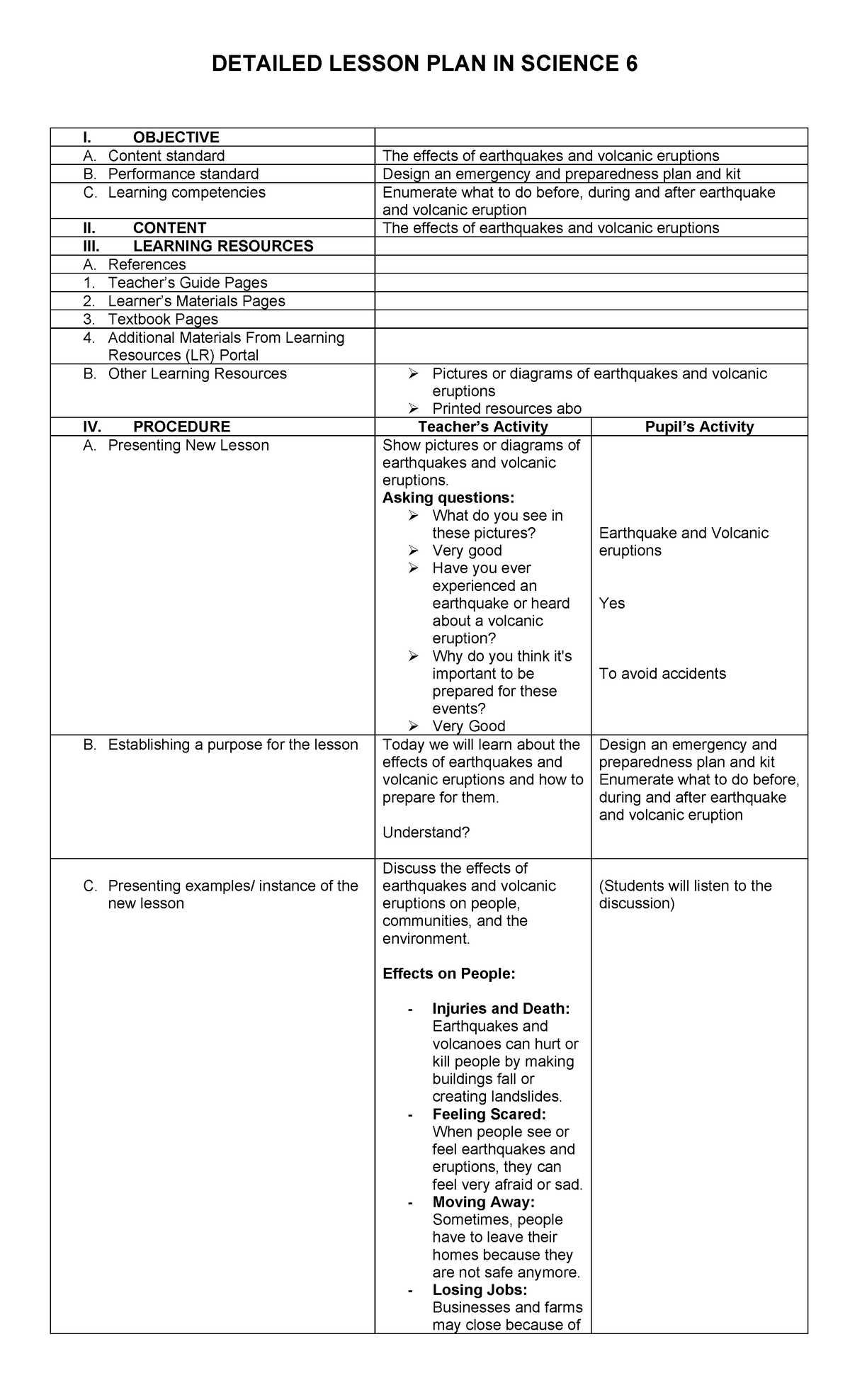 Detailed Lesson Plan on Earthquakes & Volcanoes - Science 6 - Studocu