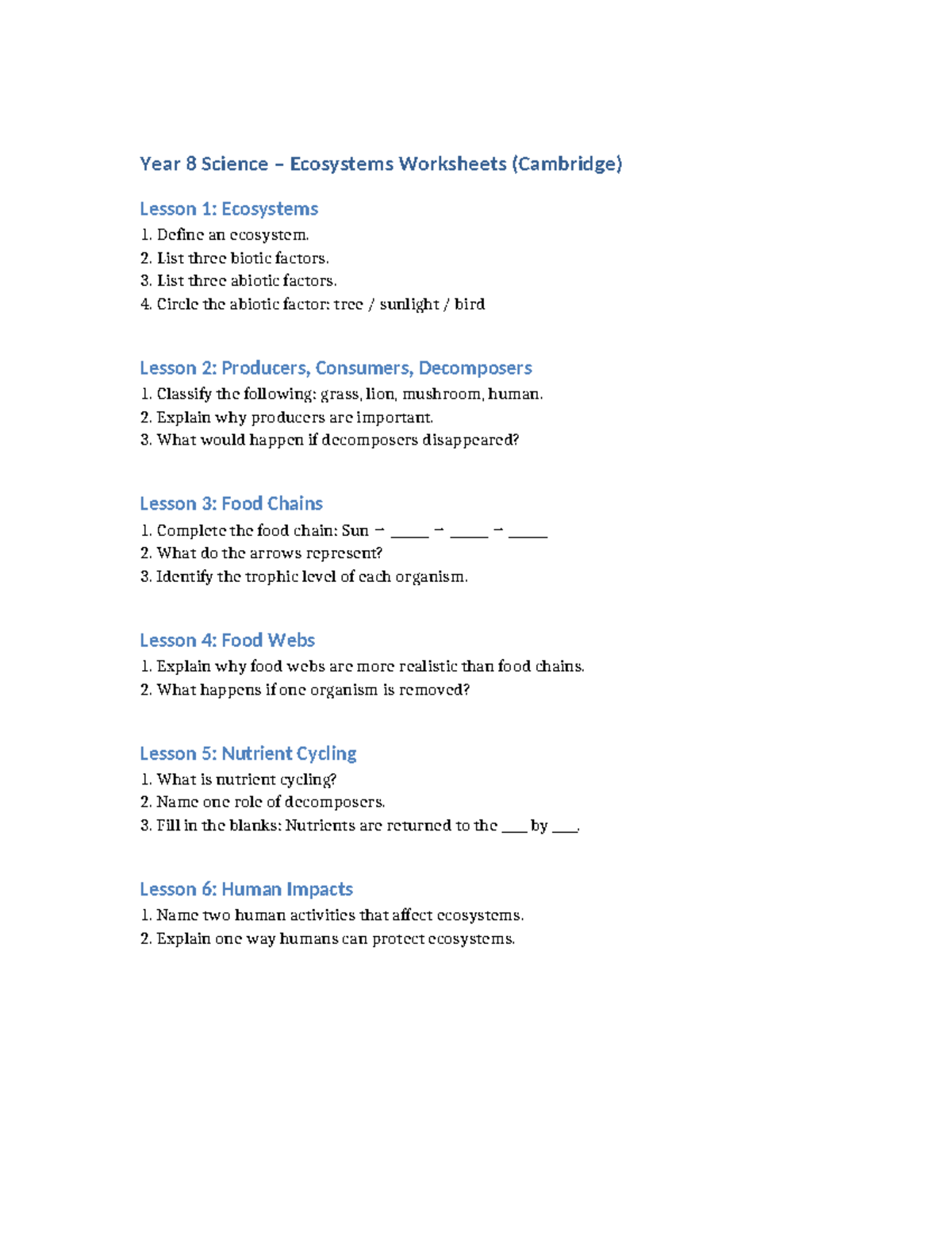 Year 8 Science Ecosystems Worksheets (Cambridge) - Complete Guide - Studocu