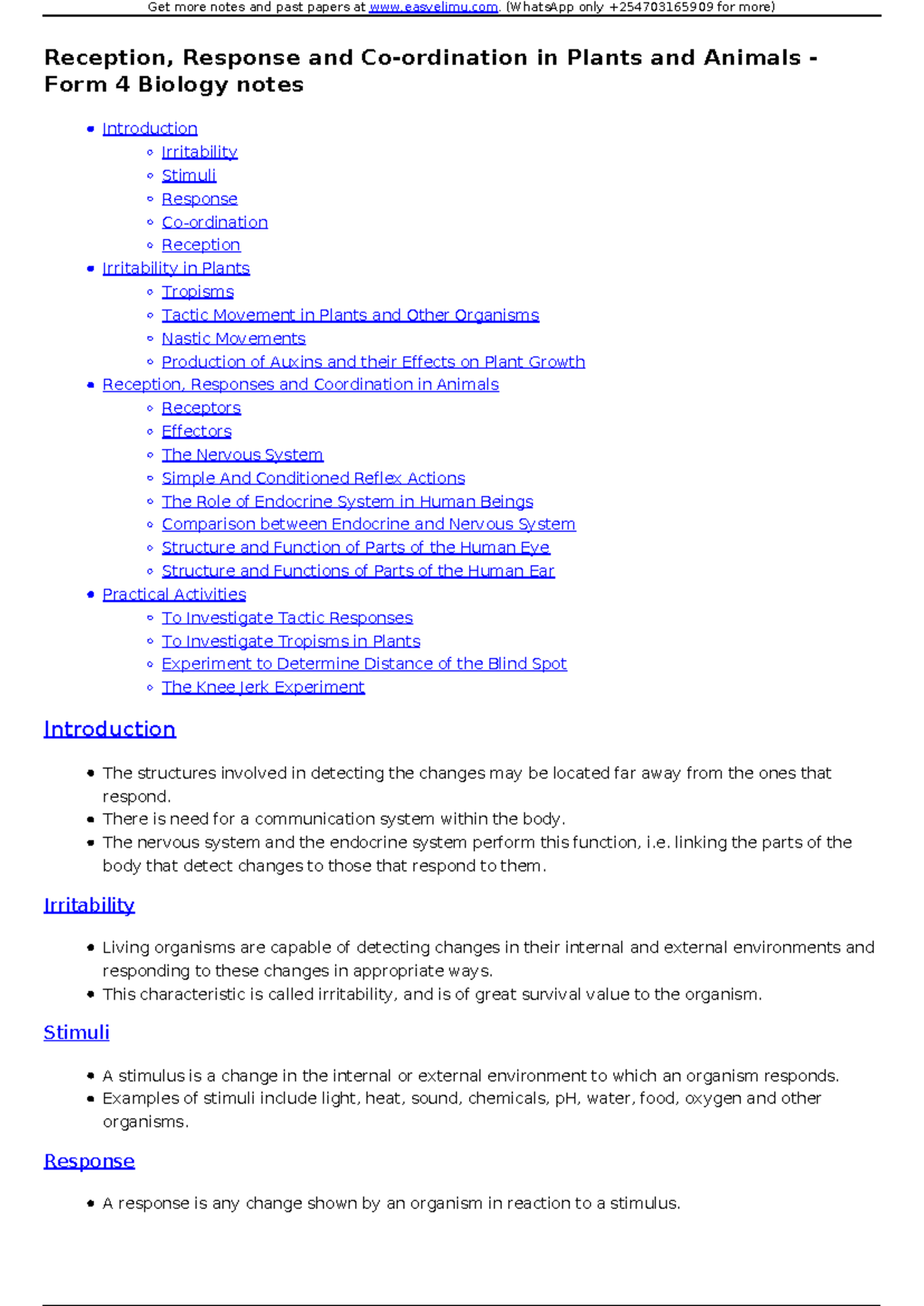 Form 4 Biology Notes on Reception, Response & Coordination in Organisms ...