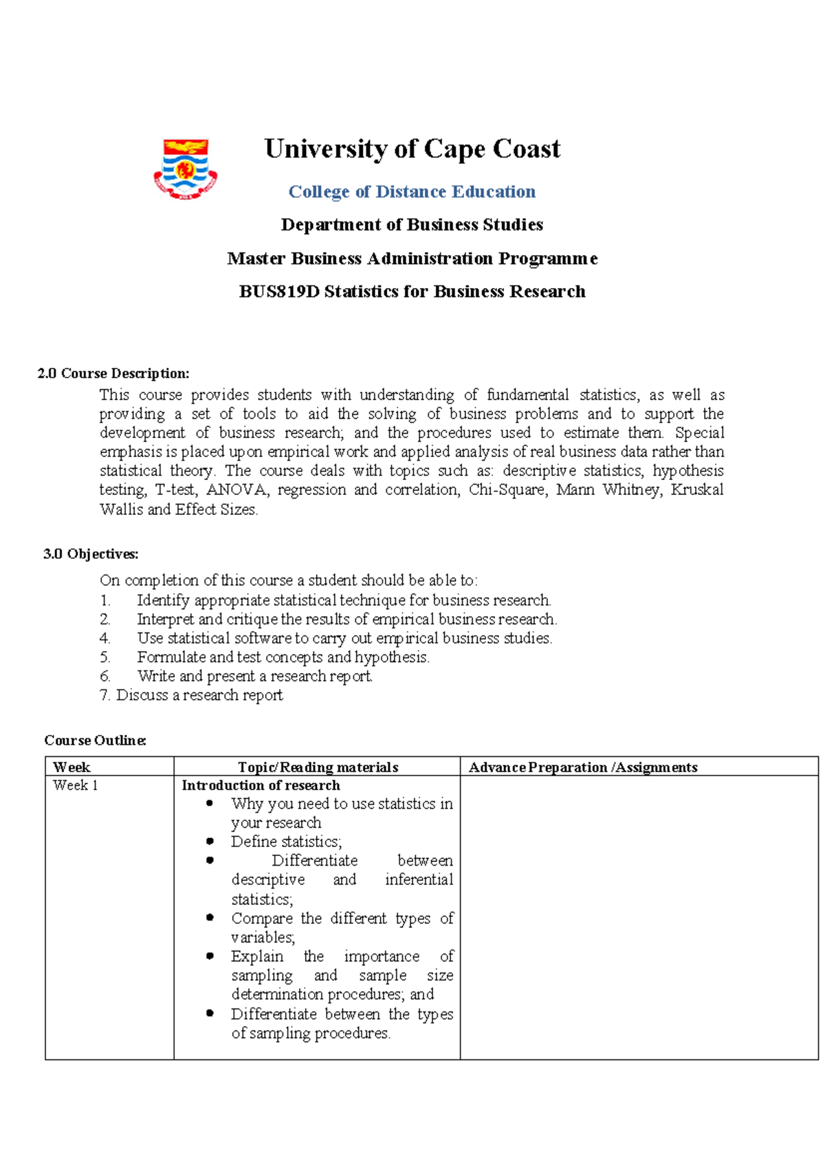 BUS819D Course Outline: Inferential Statistics & Business Research ...