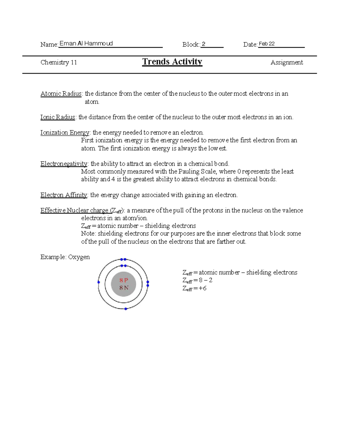 Chemistry 11 Block 2: Atomic Trends Assignment Overview and Analysis ...