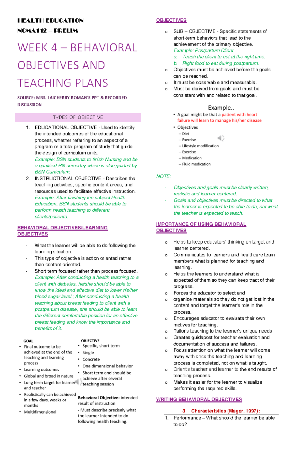 NCMA112 – Week 4 Behavioral Objectives & Teaching Plan Notes - Studocu
