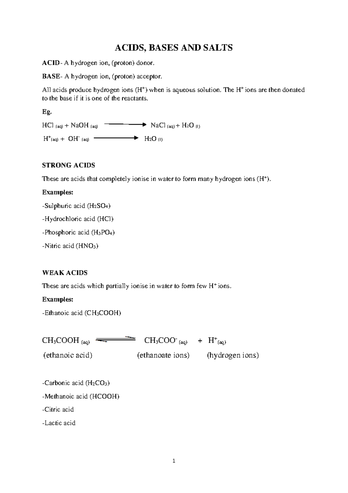 ACIDS, BASES & SALTS: Key Concepts and Reactions - Studocu