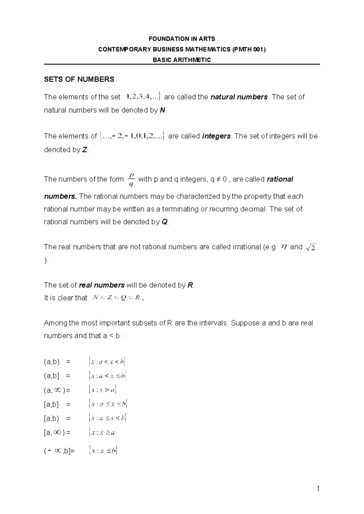 Basic Arithmetic Practice (PMTH 001) - Sets of Numbers & Operations ...
