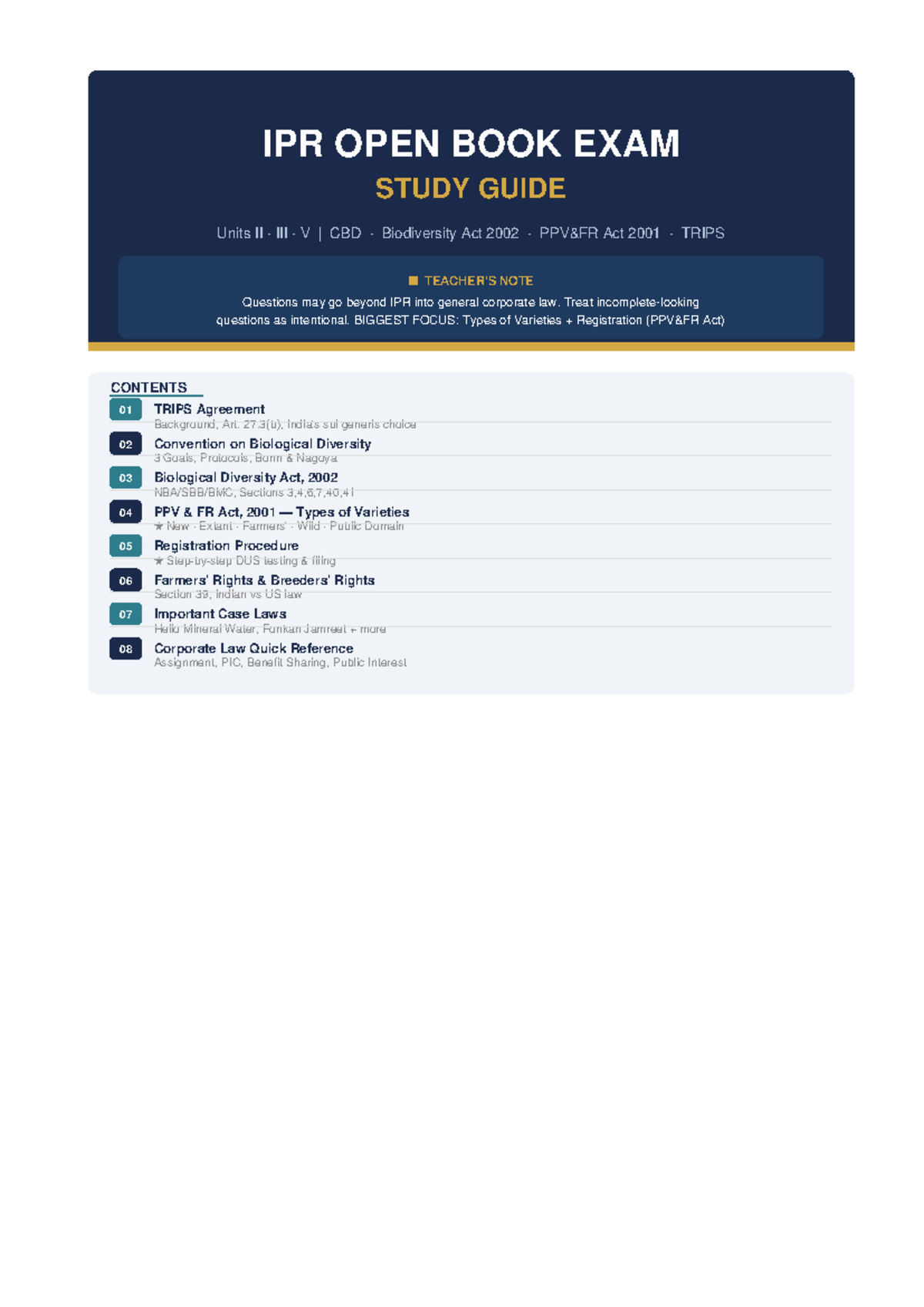 IPR OPEN BOOK EXAM STUDY GUIDE: CBD, Biodiversity Act 2002 & TRIPS ...