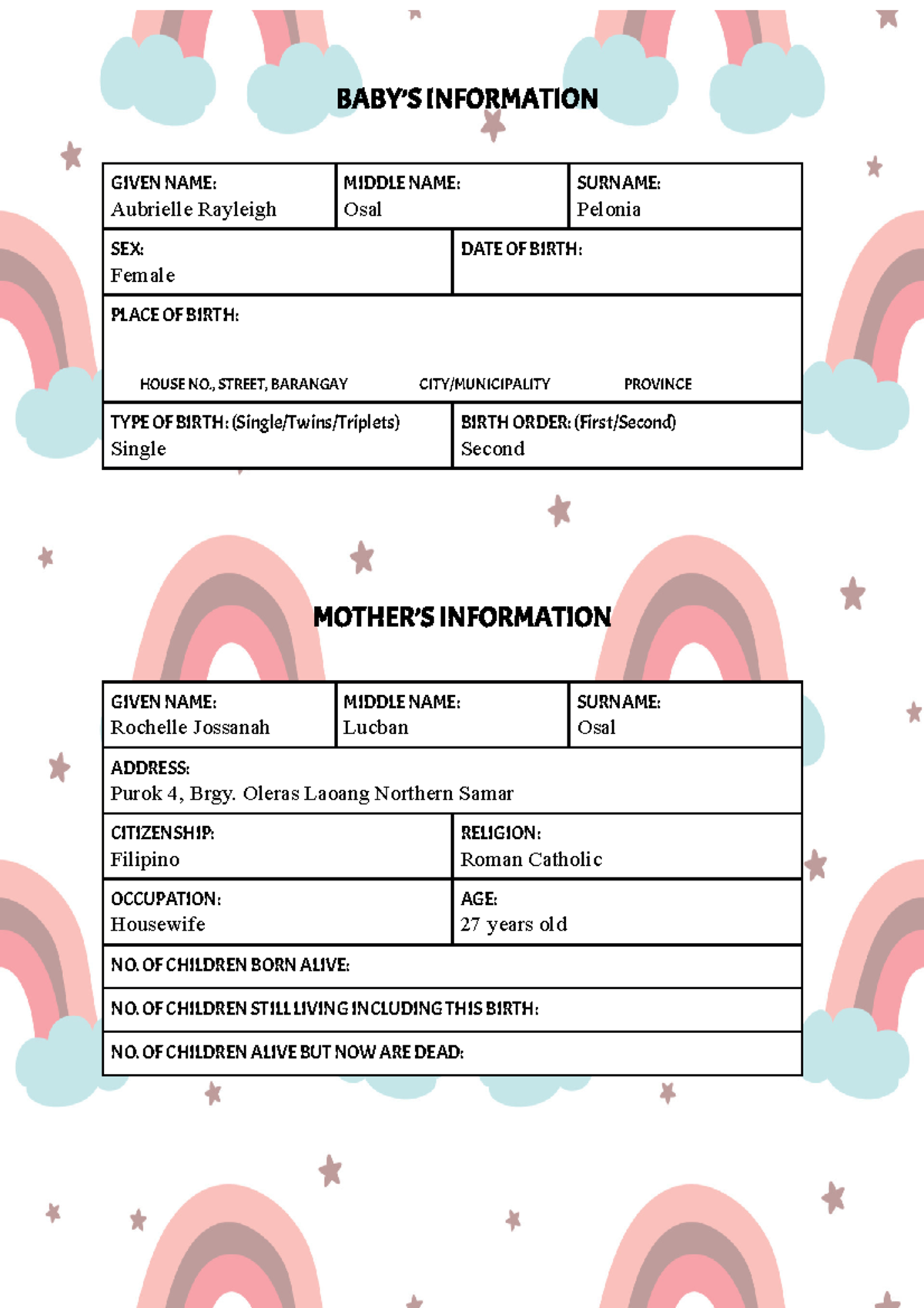 Hospital Documents - Baby's Info & Parental Details - Studocu