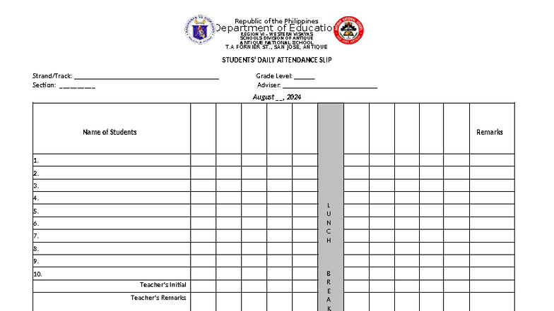 Attendance Slip 2 in 1 page - Section Adviser Signature Over Printed ...